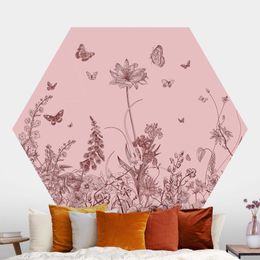 Hexagon Fototapete selbstklebend Gro&szlig;e Blumen mit Schmetterlingen auf Rosa