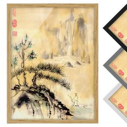 Bild mit Rahmen Japanische Aquarell Zeichnung Zedern und Berge