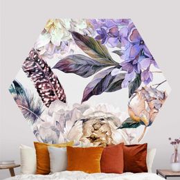 Hexagon Fototapete selbstklebend Zartes Aquarell Boho Bl&uuml;ten und Federn Muster