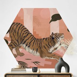 Hexagon Fototapete selbstklebend Illustration Tiger in Pastell Rosa Malerei