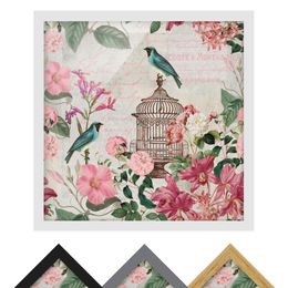Bild mit Rahmen Shabby Chic Collage - Rosa Bl&uuml;ten und blaue V&ouml;gel