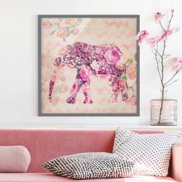 Bild mit Rahmen Vintage Collage - Rosa Bl&uuml;ten Elefant