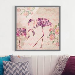 Bild mit Rahmen Vintage Collage - Rosa Bl&uuml;ten Flamingos