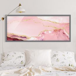 Bild mit Rahmen Abstrakte Berge Rosa mit Goldenen Linien