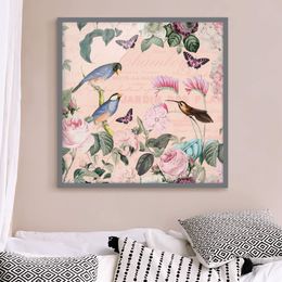 Bild mit Rahmen Vintage Collage - Rosen und V&ouml;gel