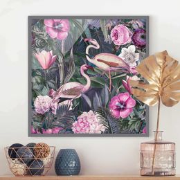 Bild mit Rahmen Bunte Collage - Pinke Flamingos im Dschungel
