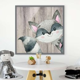 Bild mit Rahmen Aquarell Waschb&auml;r auf Holz