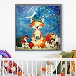 Bild mit Rahmen Aquarell Fuchs im Mondschein