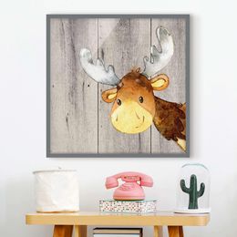 Bild mit Rahmen Aquarell Hirsch auf Holz