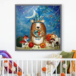 Bild mit Rahmen Aquarell B&auml;r im Mondschein