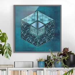 Bild mit Rahmen Blaues Hexagon mit Goldkontur