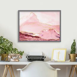 Bild mit Rahmen Abstrakte Berge Rosa mit Goldenen Linien