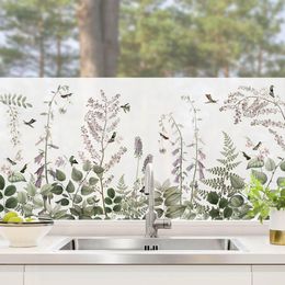 Fensterfolie Verspielte Kolibris zwischen Glockenblumen - Fensterbild Sichtschutzfolie Fensteraufkleber blickdicht Glasfolie Blumen Fr&uuml;hling Sommer