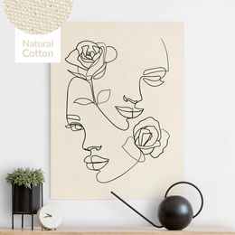 Leinwandbild Line Art Gesichter Frauen Rosen Schwarz Wei&szlig;