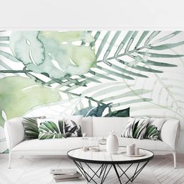 Fototapete Palmwedel in Wasserfarbe I - Vliestapete nach Ma&szlig; Aquarell Botanik Tropical Kunstdruck Muster Wohnzimmer Schlafzimmer Bad Badezimmer K&uuml;che