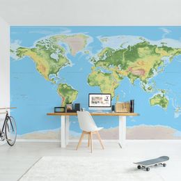 Fototapete Physische Weltkarte - Vliestapete nach Ma&szlig; Weltkarte Wohnzimmer Schlafzimmer Bad Badezimmer K&uuml;che Flur Esszimmer Blau