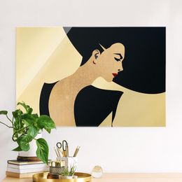 Glasbild Dame mit Hut in Dunkelblau