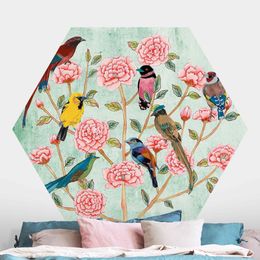 Hexagon Fototapete selbstklebend Chinoiserie Collage in Mint