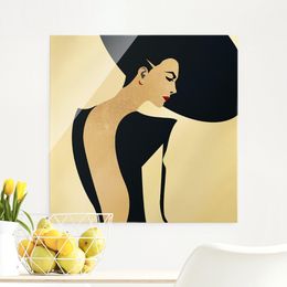 Glasbild Dame mit Hut in Dunkelblau
