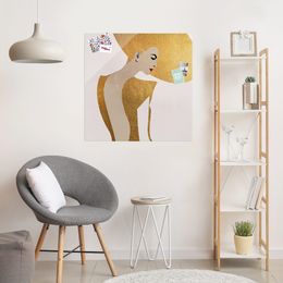 Glasbild Dame mit Hut in Gold