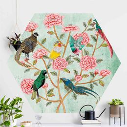 Hexagon Fototapete selbstklebend Chinoiserie Collage in Mint II