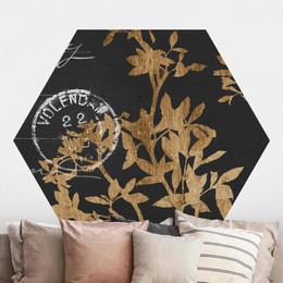 Hexagon Fototapete selbstklebend Goldene Bl&auml;tter auf Mokka II