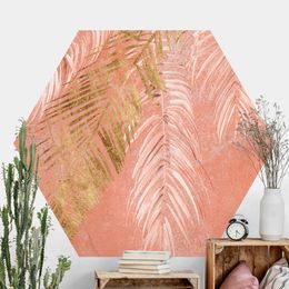 Hexagon Fototapete selbstklebend Palmenbl&auml;tter Rosa und Gold I