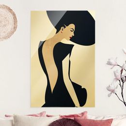Glasbild Dame mit Hut in Dunkelblau