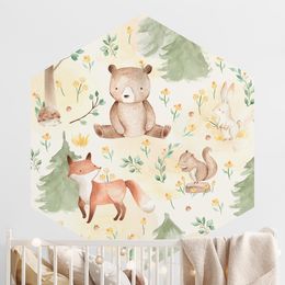 Hexagon Fototapete selbstklebend Fuchs und B&auml;r mit Blumen und B&auml;umen