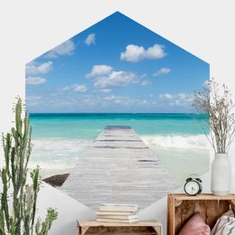 Hexagon Fototapete selbstklebend Steg ins Meer