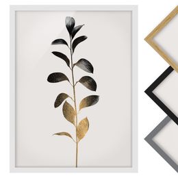 Bild mit Rahmen Grafische Pflanzenwelt - Gold und Grau