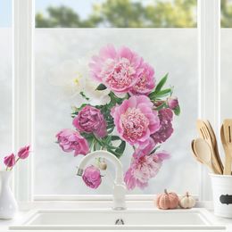 Bilderwelten Fensterfolie Blumen Shabby Sichtschutz rosa - Pfingstrosen Shabby Rosa Wei&szlig; - Rose Wohnzimmer Schlafzimmer K&uuml;che