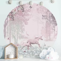 Runde Tapete selbstklebend - Runde Fototapete - Einhorn auf Blumenwiese in Rosa