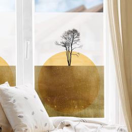Bilderwelten Fensterfolie Natur modern Sichtschutz gold - Goldene Sonne mit Baum - Sonnenuntergang Wohnzimmer Schlafzimmer K&uuml;che