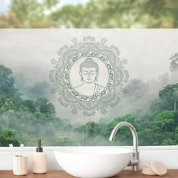 Fensterfolie Fensterbild mehrfarbig Buddha Mandala im Nebel Sichtschutzfolie Fensteraufkleber blickdicht Glasfolie Badezimmer Schlafzimmer