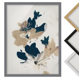 Bild mit Rahmen Blau Beige Bl&uuml;ten in Acryl