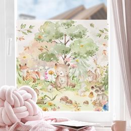 Bilderwelten Fensterfolie Wald modern Aquarell bunt - Aquarell Waldtiere - B&auml;ume Wohnzimmer Schlafzimmer K&uuml;che