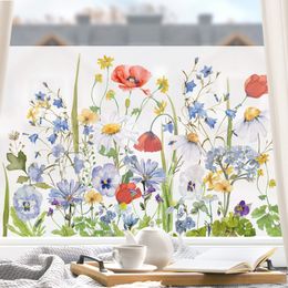 Fensterfolie Aquarellierte Blumenwiese mit Mohn - Blumen Fensterbild Motiv Sichtschutzfolie Fensteraufkleber blickdicht Glasfolie Glast&uuml;r Fr&uuml;hling