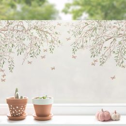Fensterfolie Kirschbl&uuml;te im Fl&uuml;gelspiel der Schmetterlinge - Fensterbild Sichtschutzfolie Fensteraufkleber blickdicht Baum Floral Zweig &Auml;ste Fr&uuml;hling