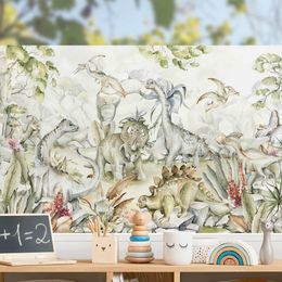 Fensterfolie Welt der Dinosaurier - Fensterbild mehrfarbig Sichtschutzfolie Fensteraufkleber blickdicht Glasfolie Kinderzimmer Junge Jungenzimmer