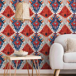 Fototapete Gro&szlig;es Ikat Muster Bali rot und blau