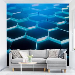 Fototapete Hexagone mit Neonlicht in T&uuml;rkis