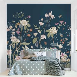Fototapete Illustrierte Blumen Chinoiserie auf Dunkelblau