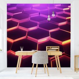 Fototapete Hexagone mit Neonlicht in Rosa und Lila