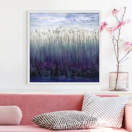 Bild mit Rahmen Flussschilf vor Berglandschaft in blau