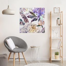 Glasbild Zartes Aquarell Boho Bl&uuml;ten und Federn Muster