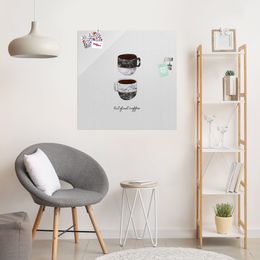 Glasbild Tassen Zitat But First Coffee