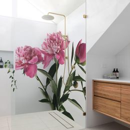 Bilderwelten Duschr&uuml;ckwand Blumen Motiv pink fugenlose Wandverkleidung - Bl&uuml;ten und Knospen Pink auf Wei&szlig; - Rose Wandpaneel Bad