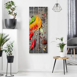 Holzbild Plankenoptik L&ouml;ffel mit Gew&uuml;rzen - Wandbilder aus Holz Palettenoptik Kulinarisch Orientalisch K&uuml;che Esszimmer Orange