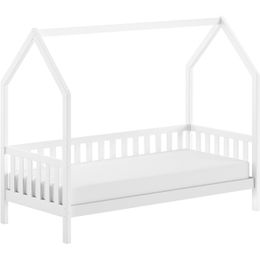 Hausbett Vipack "Cabane, mit Dachaufbau und Sprossenumrandung in Landhaus-Optik", weiß (weiß, weiß, weiß), B:98cm H:169cm L:208cm, Betten, sehr stabil und standfest gebaut inkl. Massivholz Rolllattenrost